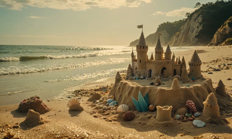 A Sand Castle is on the Beach with a Castle on Top of it. Stock ...