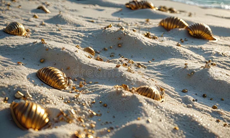 A Collection of Gold Shells are Scattered on the Sand. Stock ...