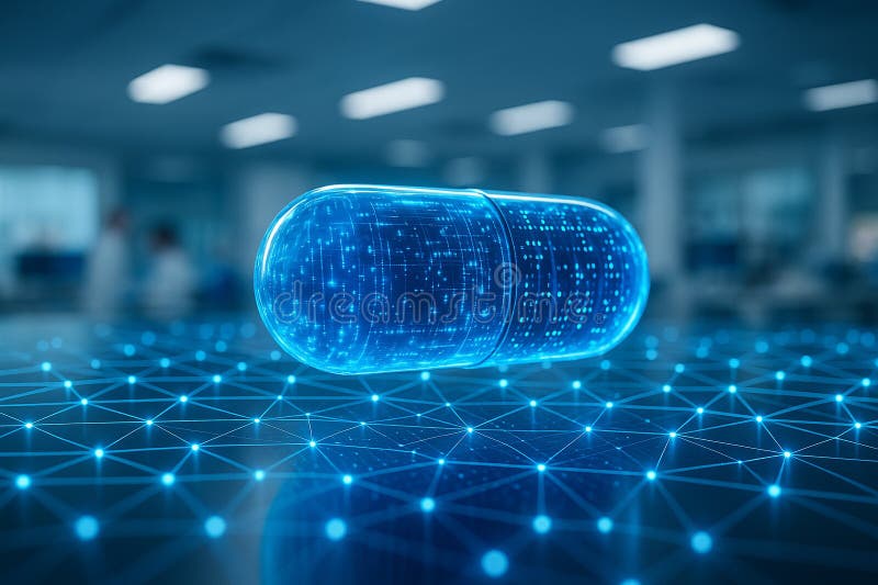 AI Generated Scene of a Glowing Blue Digital Capsule on a Futuristic Data Network Surface ...