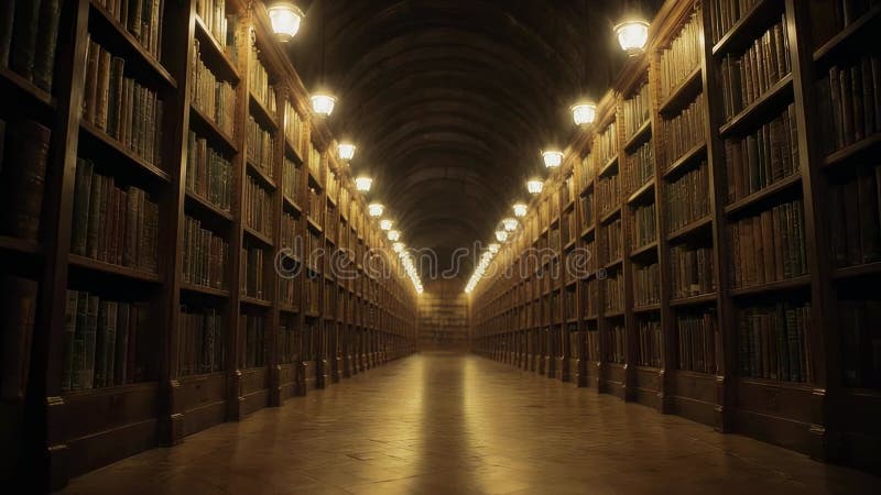 AI Generated Scene of a Long, Arched Hallway in a Classic Library with ...