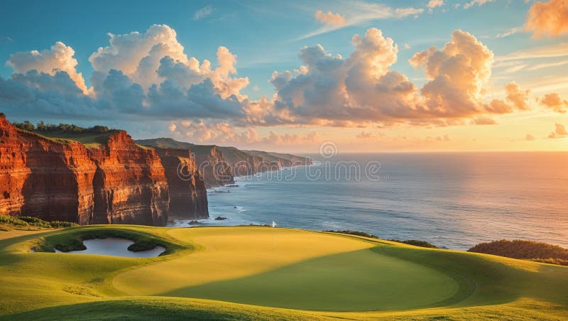 Scenic Oceanfront Golf Course with Cliffs and Sunset View. Stock Photo ...