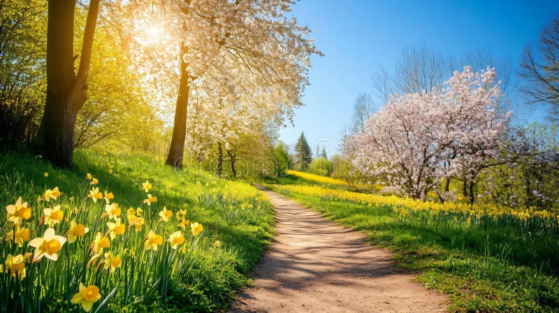 Scenic Spring Pathway Lined with Blooming Cherry Blossoms and Daffodils ...