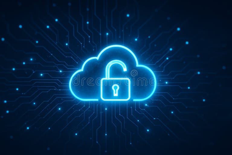 AI Generated Sci Fi Image Featuring a Glowing Cloud Icon with Digital Circuits and Lock Symbol ...