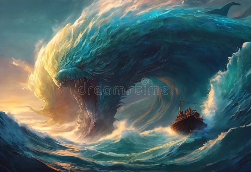 Fantastical Sea Monster and Boat at Sunrise Stock Illustration ...