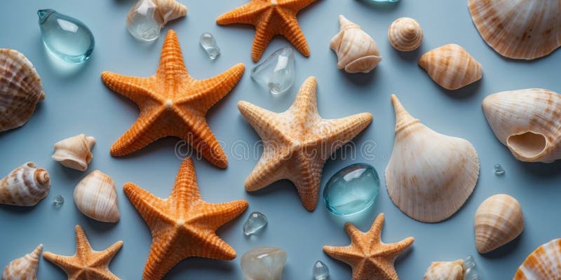Sea Shells and Starfish on Light Blue Background. Stock Illustration ...