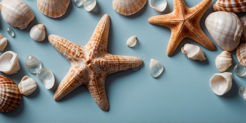 Sea Shells and Starfish on Light Blue Background. Stock Illustration ...
