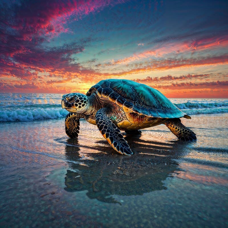 AI-generated Sea Turtle on a Beach at Sunset with Gentle Waves in the ...