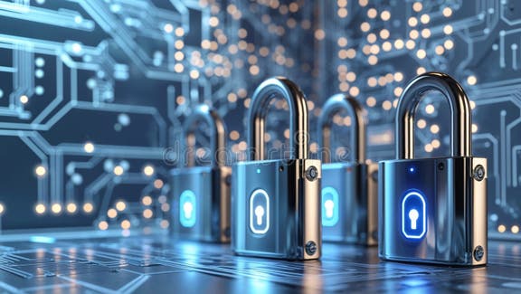 Secure Technology with Digital Locks on Circuit Background. Stock Photo ...