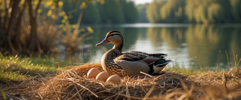 Serene Duck Nesting by Tranquil Lake with Eggs Surrounded by Straw and ...