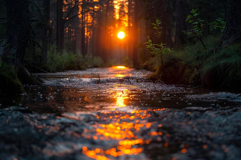 Forest Stream at Sunset with Warm Reflections Stock Illustration ...