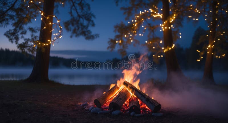 Serene Lakeside Campfire at Twilight with Warm Fire Glow and String ...