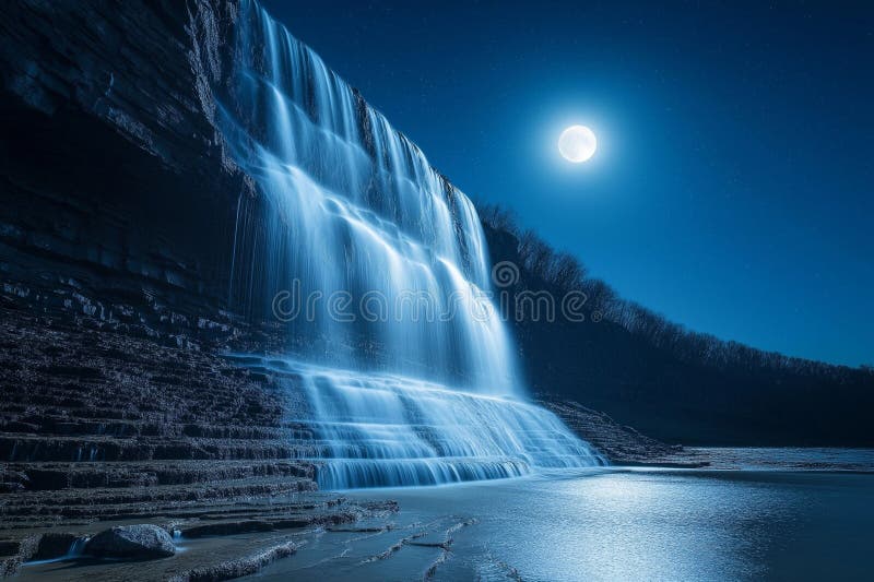 Moonlit waterfall at night stock illustration. Illustration of calm ...