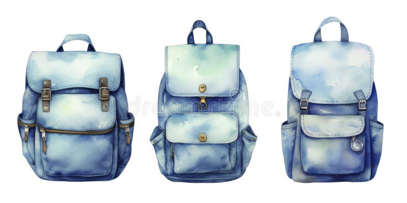 Ai Generated Set of Watercolor Illustrations of Blue Backpacks for ...