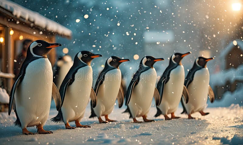 A Group of Penguins are Standing in a Line in the Snow. Stock ...
