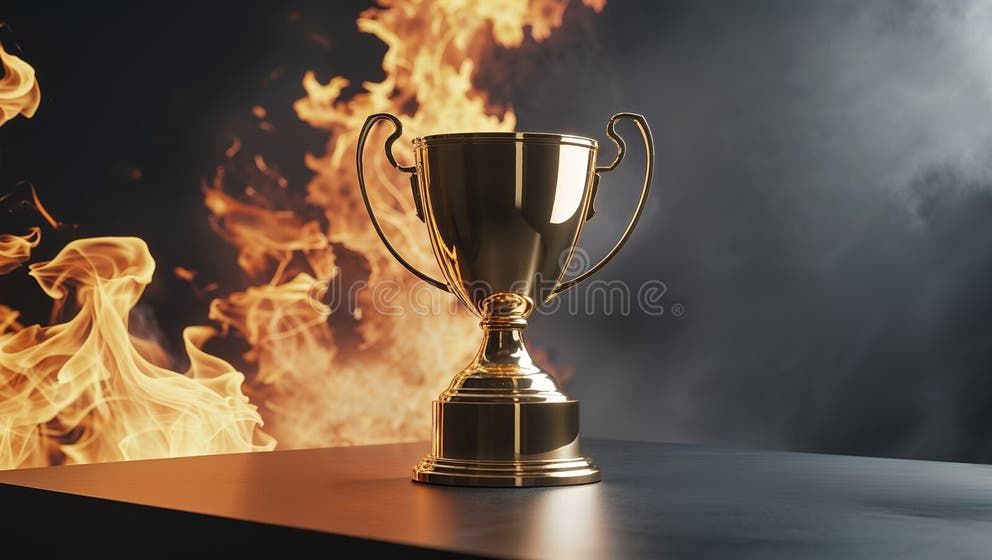 Shiny Gold Trophy on Dark Surface with Dramatic Flames Background ...