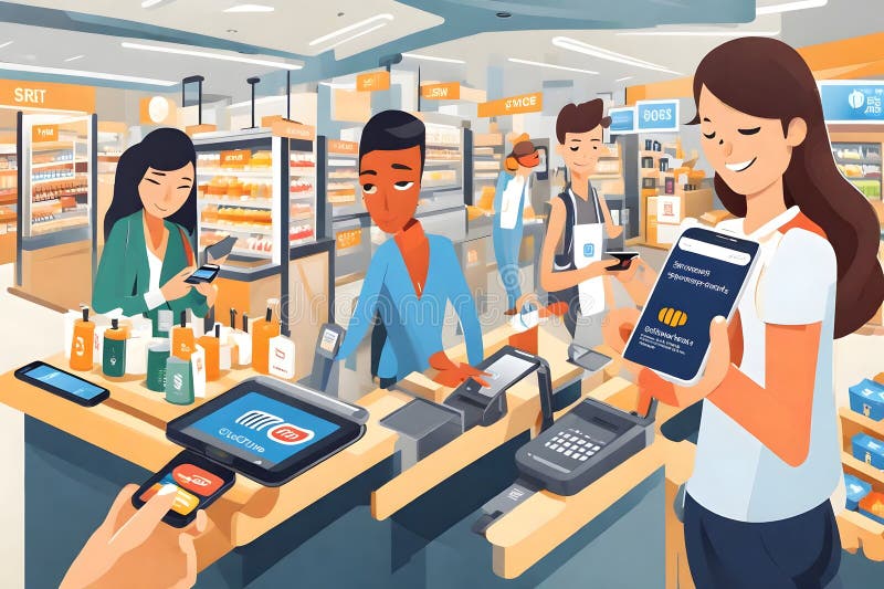 People Using Mobile Payment at Check-out Stock Illustration ...