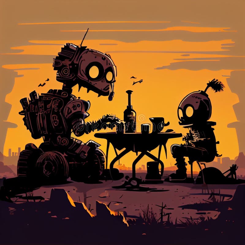 Silhouette Robots Having a Picnic in a Post-Apocalyptic Wasteland, Made ...