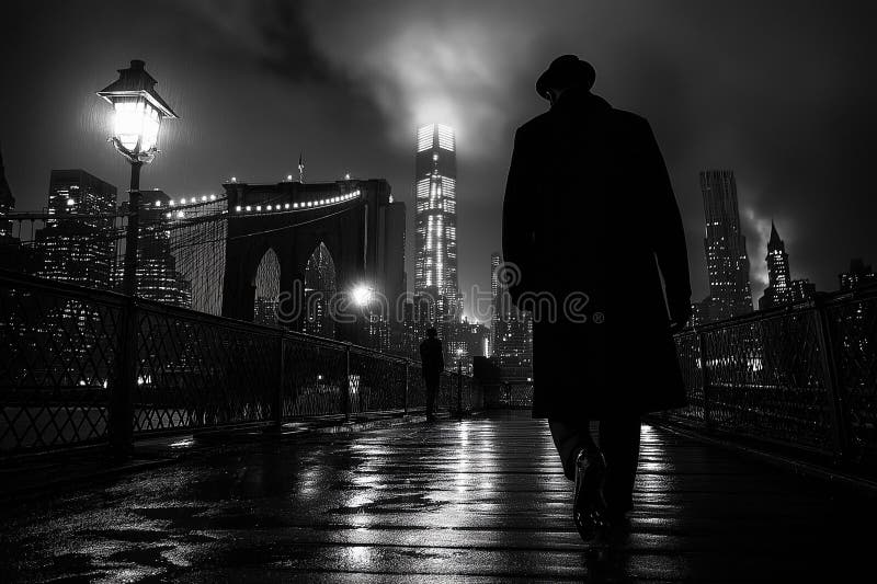 AI-generated Silhouette of a Man in a Coat and Hat Walking on a Wet ...