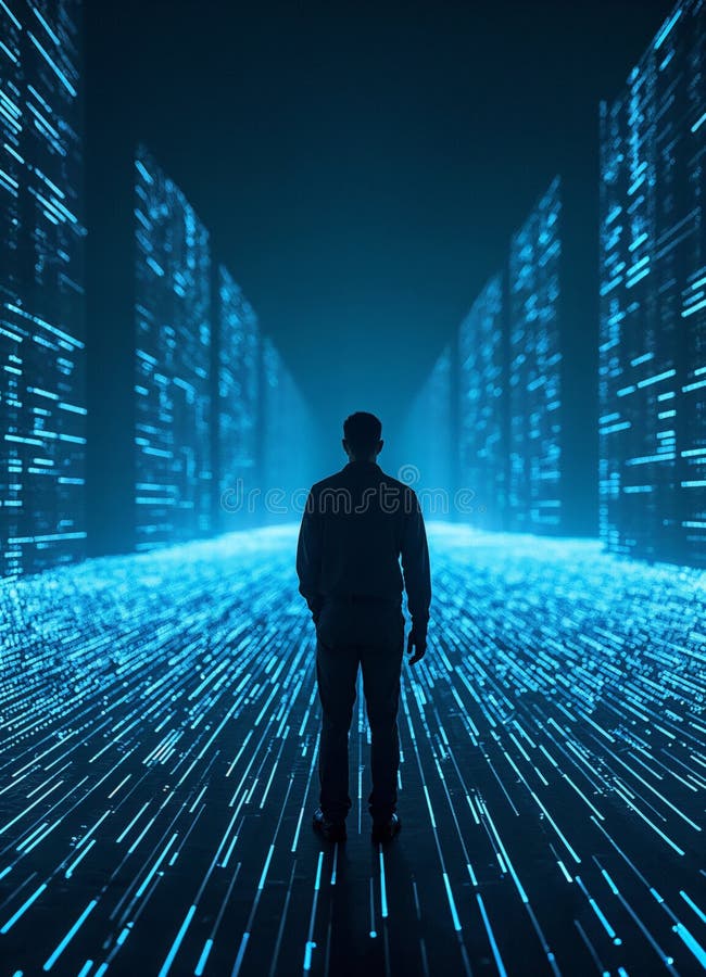 Silhouette of a Man Standing in Front of a Futuristic Digital Data ...