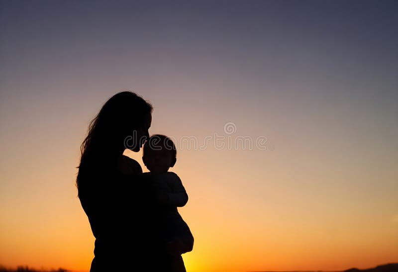 Silhouette of a Mother Holding Her Baby at Sunset Stock Illustration ...