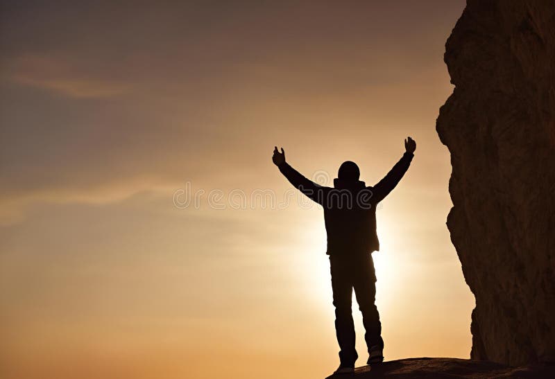 Silhouette of Person with Raised Arms on Mountain at Sunset Stock ...