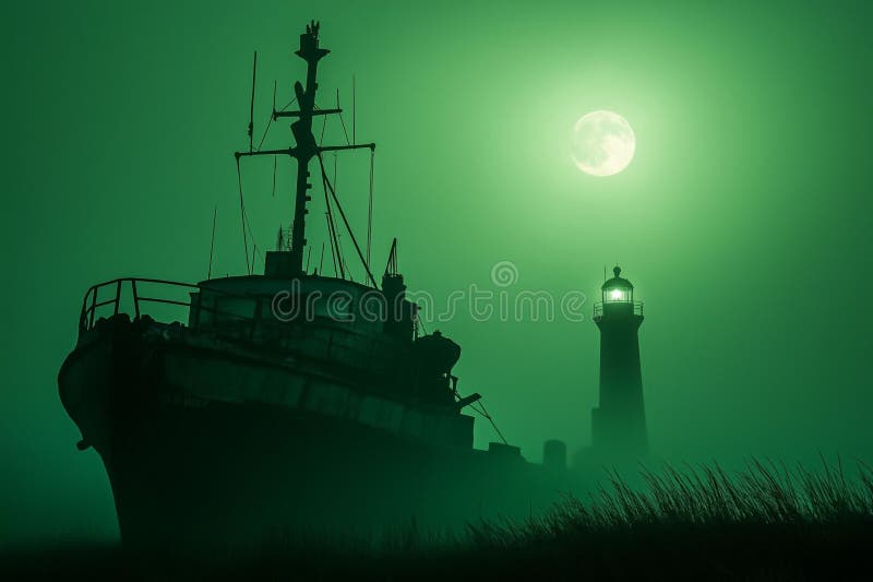 Eerie Ship and Lighthouse Under Green Moonlight. Stock Illustration ...