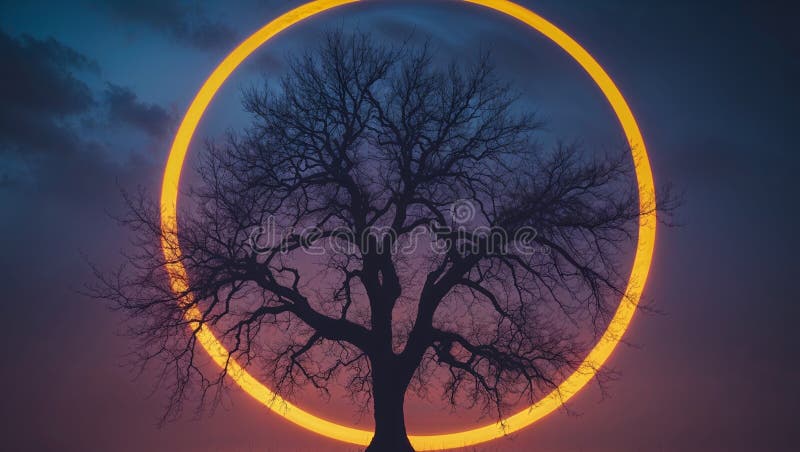 Silhouetted Tree with Glowing Orange Ring Under Night Sky. Stock Photo ...