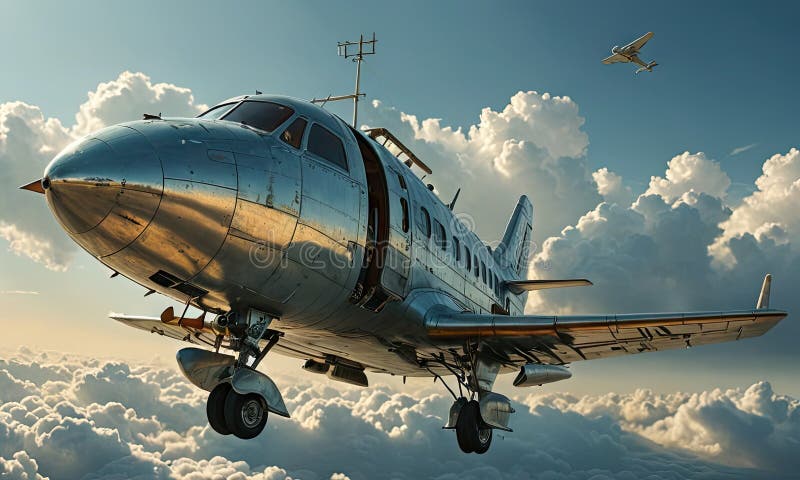A Silver Airplane Flying in the Sky with a Blue Sky Background. Stock ...
