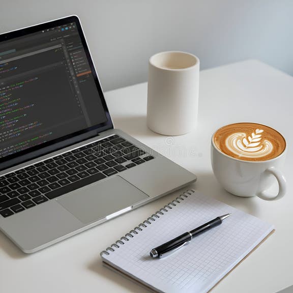 AI-Generated Silver Laptop with Coding, Coffee Mug, Notebook, and Pen on a White Table Stock ...