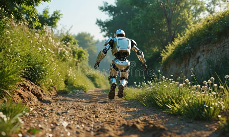 A Robot is Running Down a Dirt Road in the Woods. Stock Illustration ...