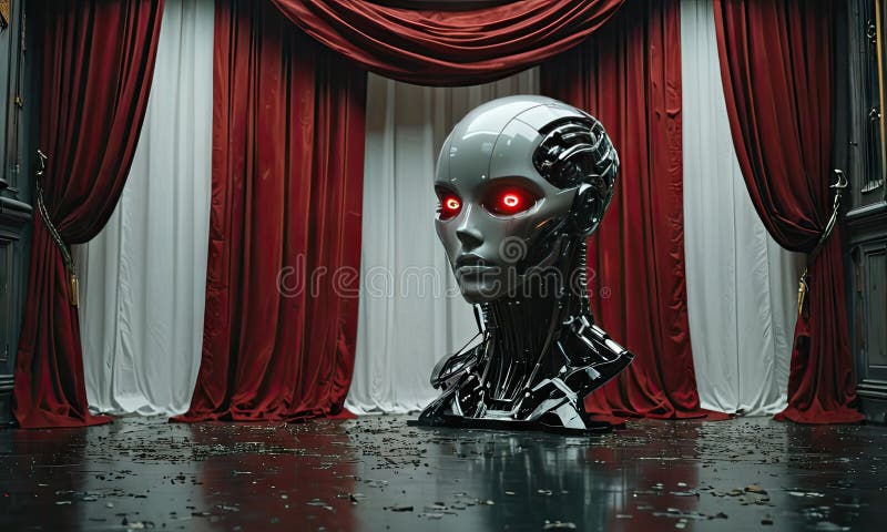 A Robot Head is Standing in Front of a Red Curtain. Stock Illustration ...