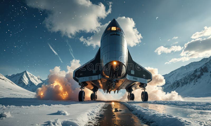 A Rocket is Taking Off from a Runway in the Snow. Stock Illustration ...