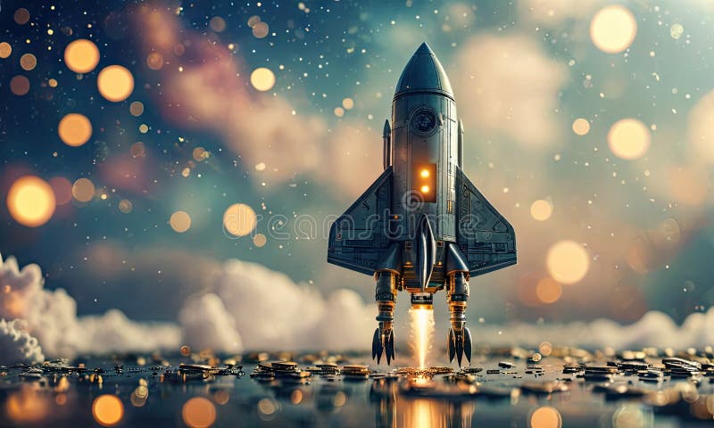 A Silver Rocket is Taking Off into Space with a Bright Light on the Top ...