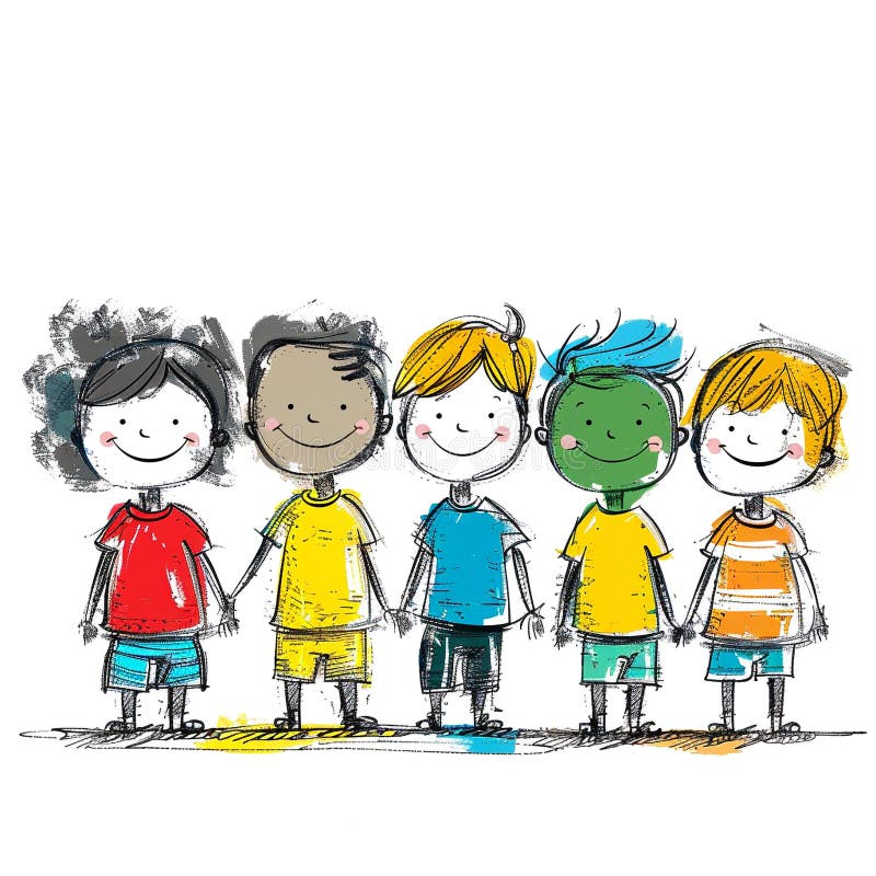 Hand-drawn Cartoon of Kids Team Stock Illustration - Illustration of ...