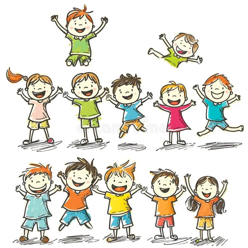 Hand-drawn Cartoon of Kids Team Stock Illustration - Illustration of ...