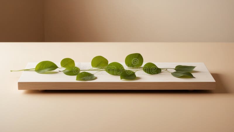 A Simple Wooden Platform with Leaves Sits on a Beige Surface. Stock ...