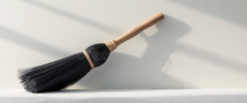 A Single Black Broom Resting on a White Clean Surface. Stock Image ...