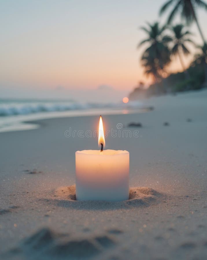 A Single Candle Burning on a Beach at Sunset Stock Photo - Image of ...