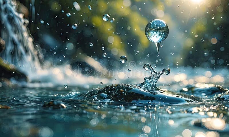A Drop of Water Splashing into the Water in Front of a Waterfall. Stock ...