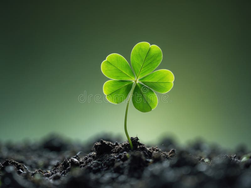 Single Green Clover Leaf Emerging from Soil on a Blurry Green ...