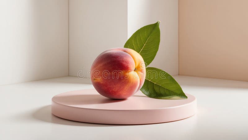 A Single Peach Resting on a Pink Platform with a Green Leaf. Stock ...