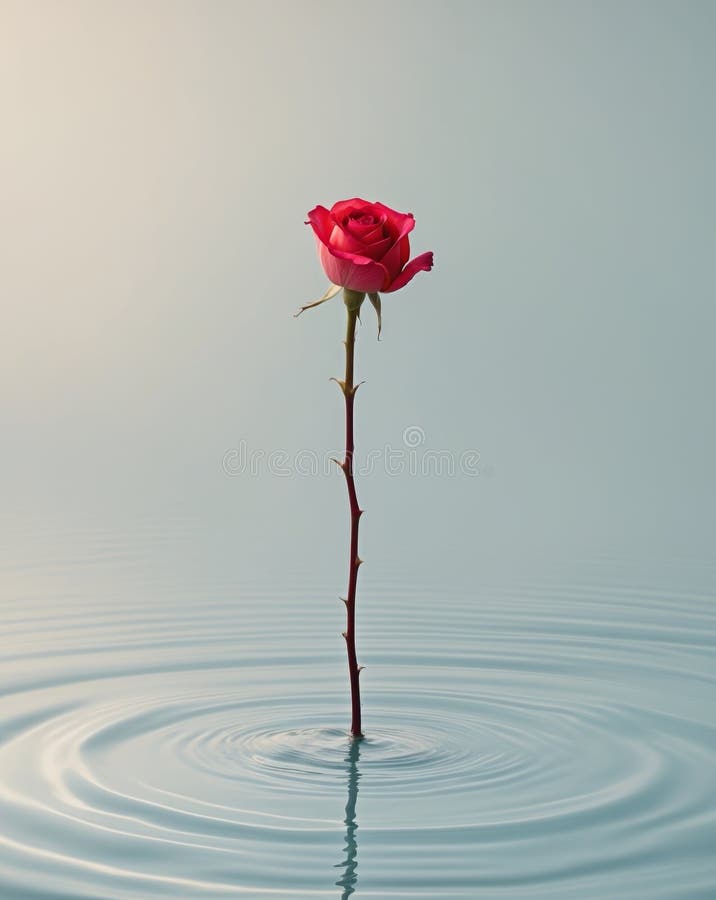 Single Red Rose Floating on Calm Water with Gradient Background and ...