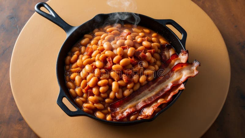 Sizzling Cast Iron Skillet of Baked Beans with Bacon. Stock Photo ...