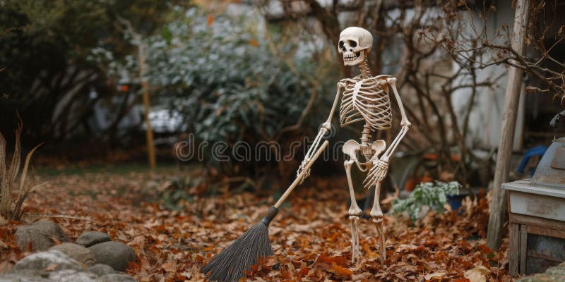 Skeleton Figure with Broom in Autumn Setting. Stock Illustration ...