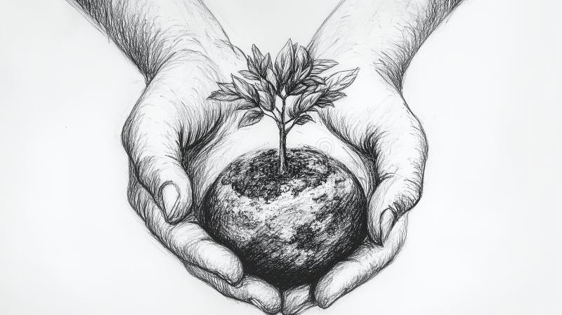 Sketch of Hands Gently Cradling the Earth, Which Has a Small Sapling ...