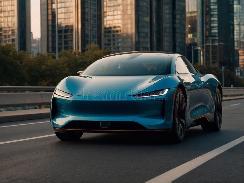 Sleek Electric Vehicle on a City Expressway, Highlighting the ...