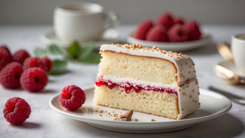 Slice of Vanilla Cake with Raspberry Filling on Plate. Stock ...
