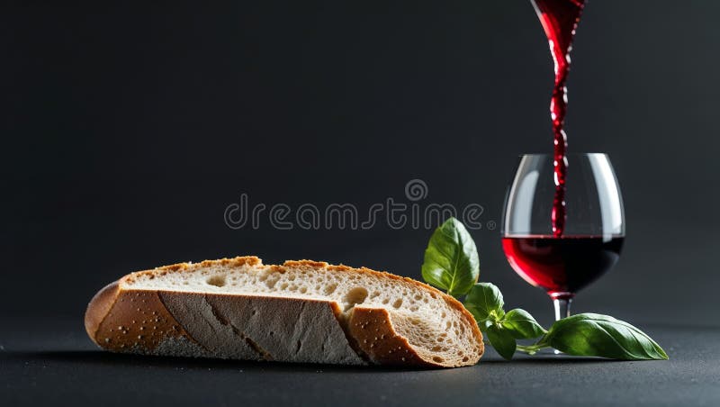 Sliced Crusty Bread with Red Wine and Basil on Dark Background Stock ...