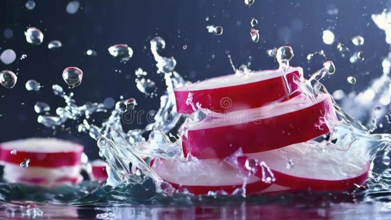 AI Generated Slow Motion of Water Drops Falling on Fresh Radish Slices ...