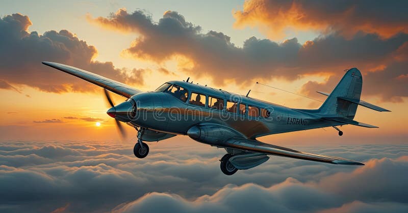 A Blue and Orange Airplane is Flying through the Sky at Sunset. Stock ...